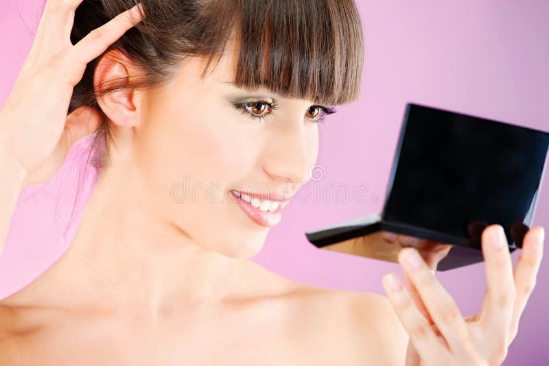 Woman Checking Face Skin in Mirror Stock Image - Image of care, mirror ...