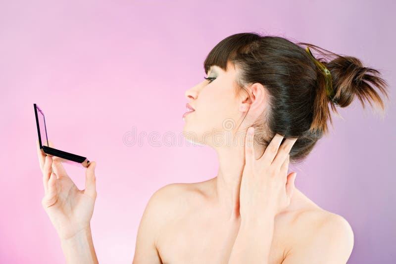 Woman Checking Face Skin in Mirror Stock Image - Image of female ...