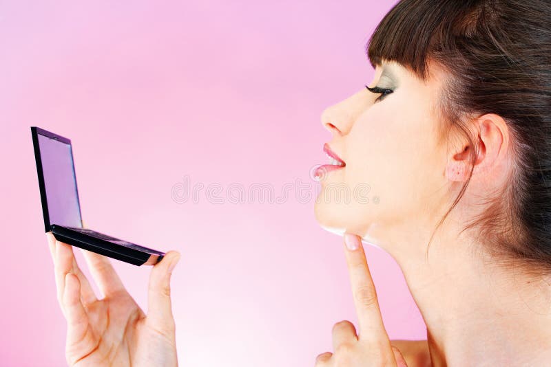 Woman Checking Face Skin in Mirror Stock Photo - Image of mirror, skin ...