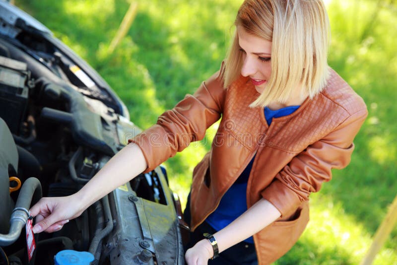 Woman Checking Her Car Engine Stock Photo - Image of person, breakdown ...