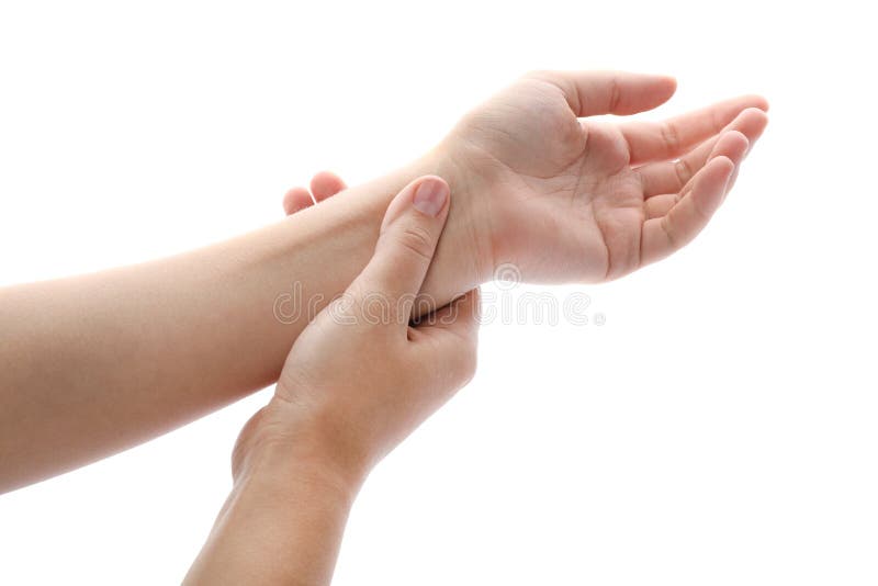 Woman Checking Pulse on Wrist Against White Background Stock Image ...