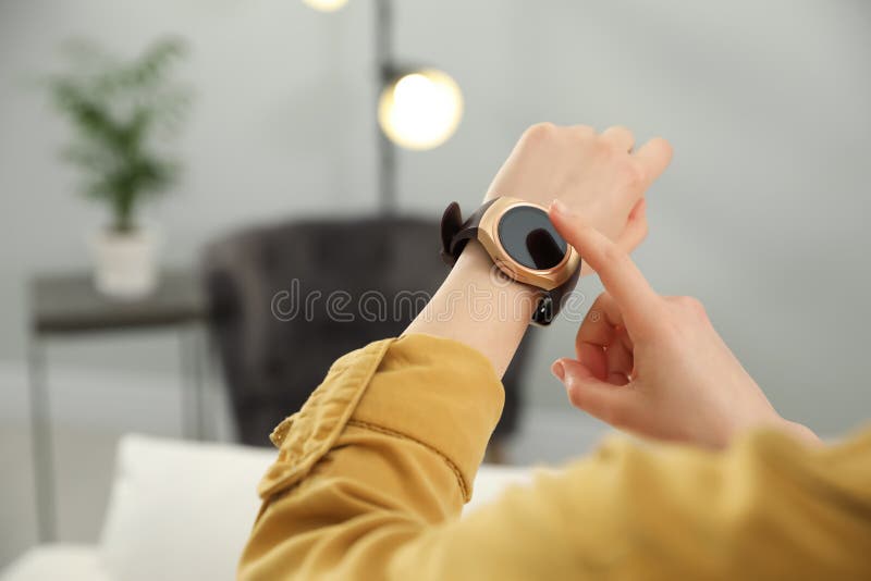Woman Checking Smart Watch at Home, Closeup Stock Image - Image of ...