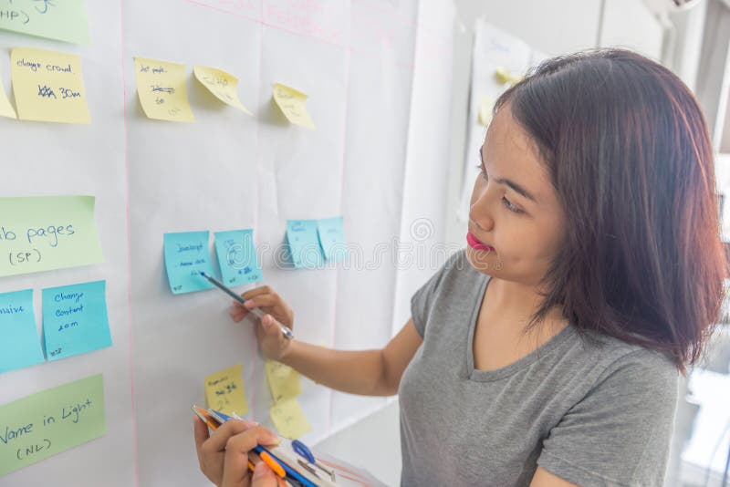 Woman Checking Sticky Notes on the Board Stock Photo - Image of note ...