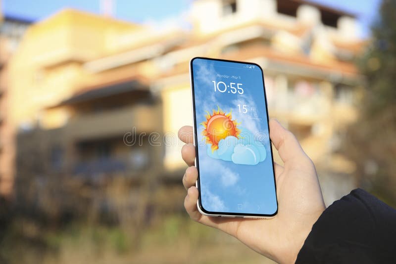 Woman Checking Weather Using App on Smartphone Outdoors, Closeup. Data ...