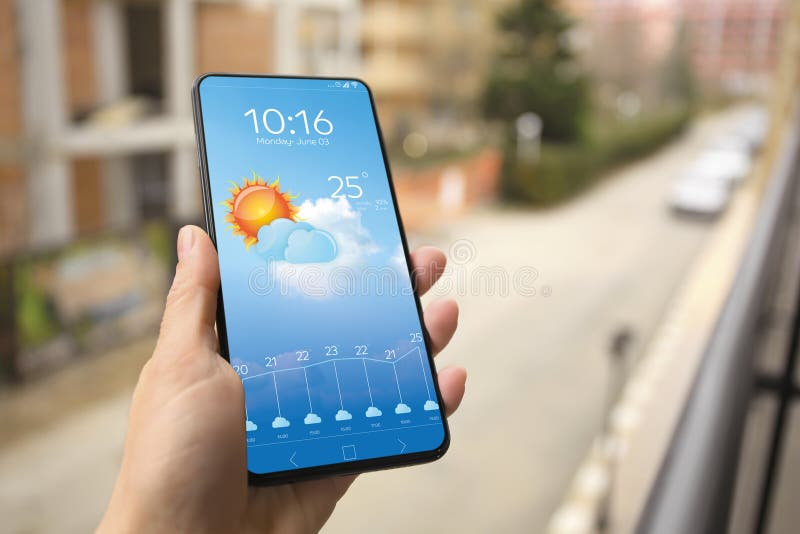 Woman Checking Weather Using App on Smartphone Outdoors, Closeup. Data ...
