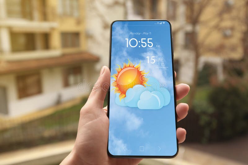 Woman Checking Weather Using App on Smartphone Outdoors, Closeup. Data ...