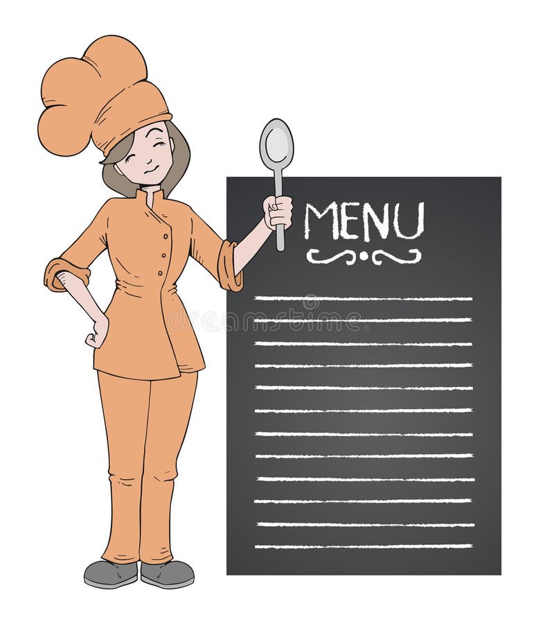 Woman Chef and Menu List Draw Stock Vector - Illustration of badge ...