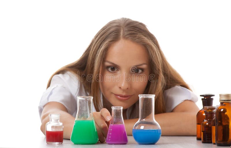 Woman Chemist and Chemicals in Flasks Stock Photo - Image of occupation ...