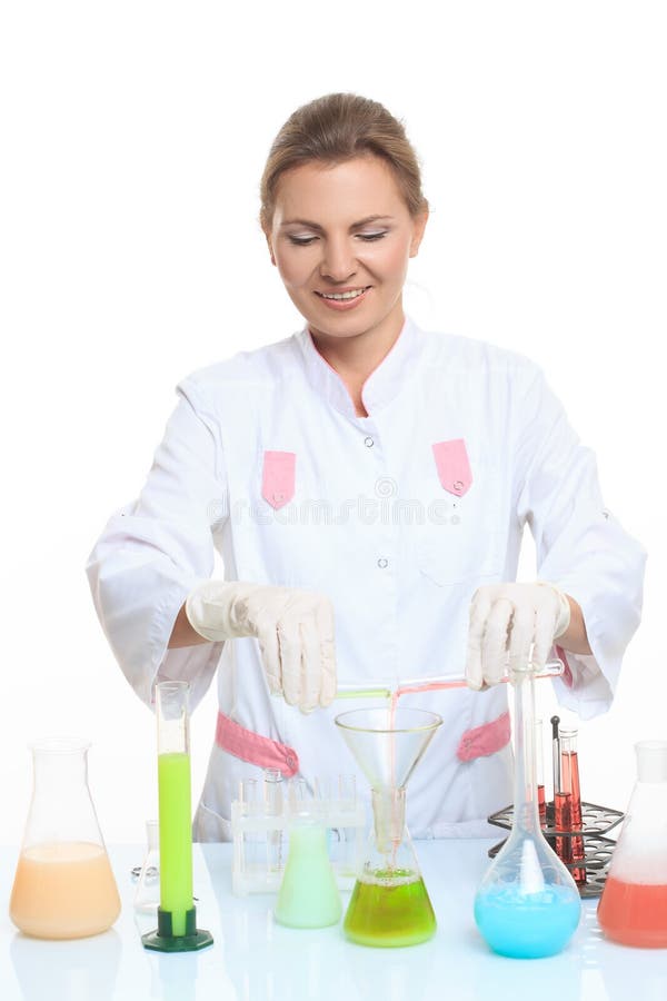 Woman Chemist and Chemicals in Flasks Stock Photo - Image of medicine ...