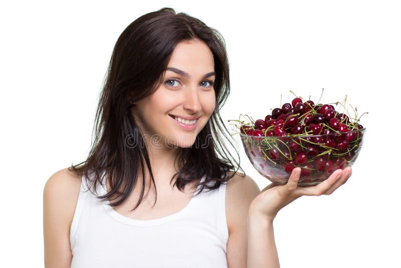 Woman with Cherries Over White Stock Photo - Image of brunette, hungry ...