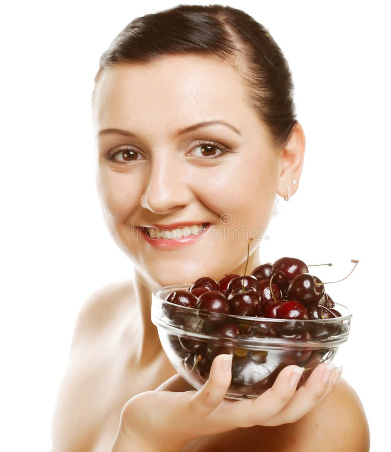 Woman with Cherries Over White Stock Image - Image of brunette, alone ...