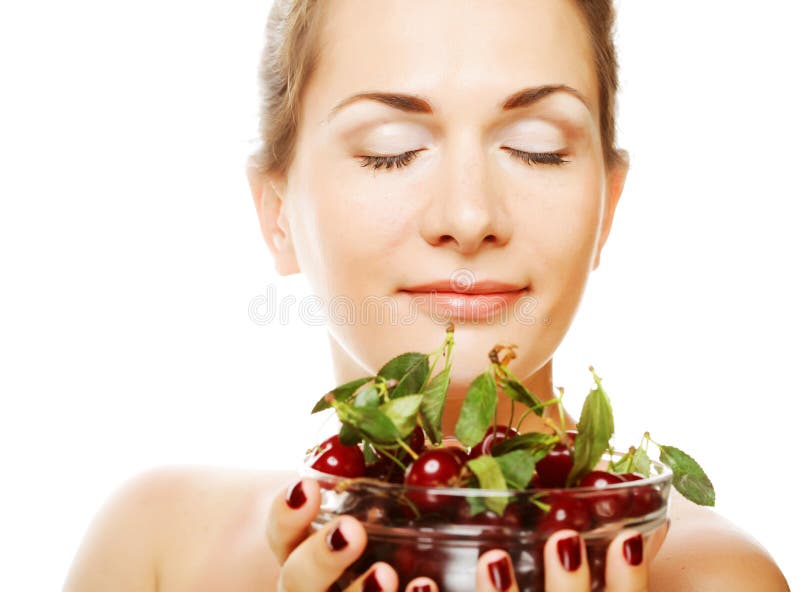Woman with Cherries Over White Stock Image - Image of holding, female ...
