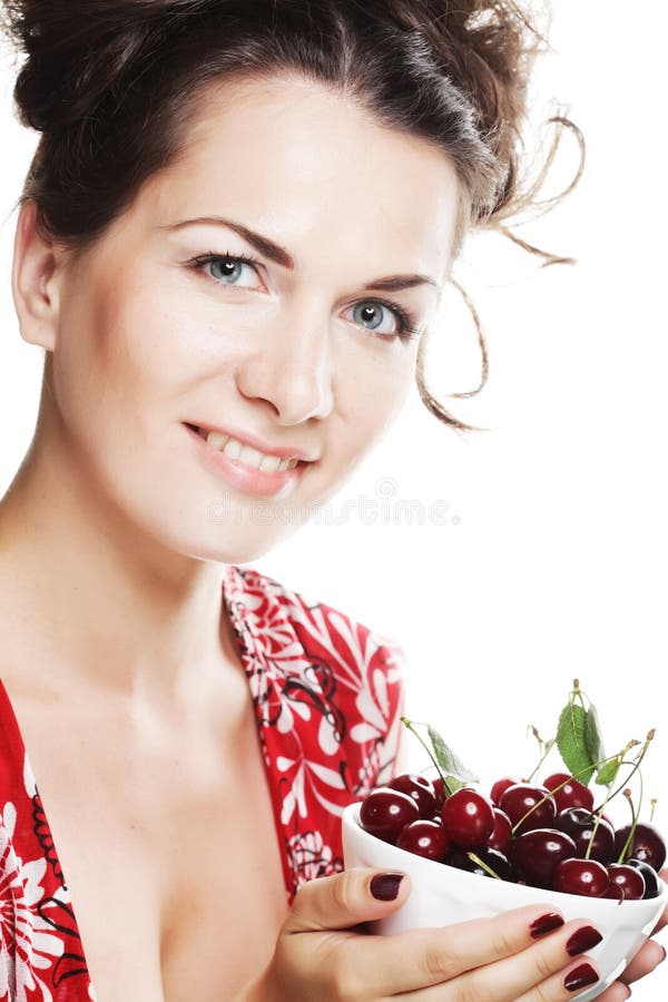 Woman with Cherries Over White Stock Image - Image of living, brunette ...