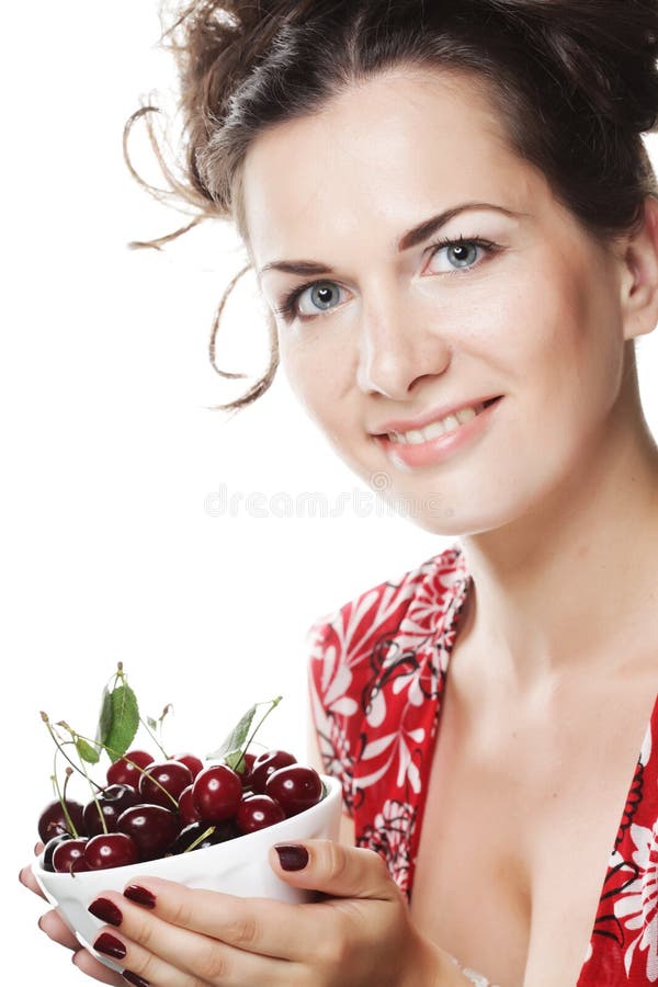 Woman with Cherries Over White Stock Image - Image of brunette, bright ...