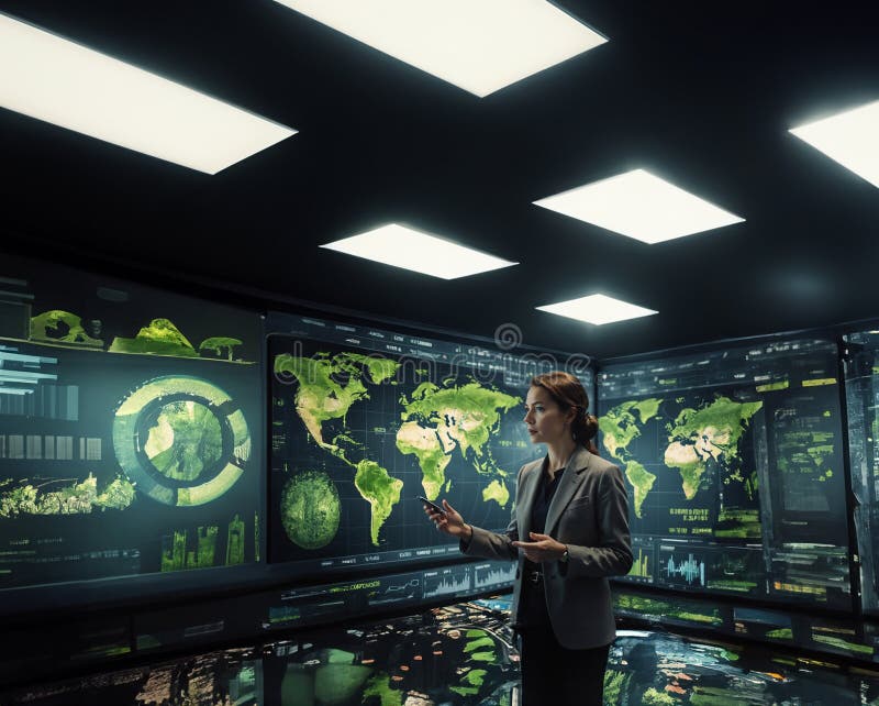 Woman Chief Engineer Looking at Interactive Map on a Giant Screen. Data ...