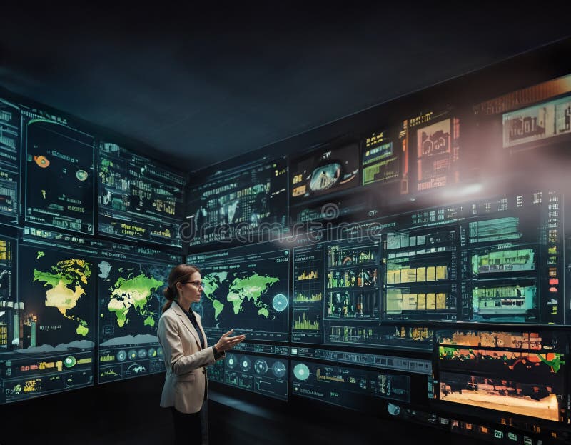 Woman Chief Engineer Looking at Interactive Map on a Giant Screen. Data Center Filled with ...