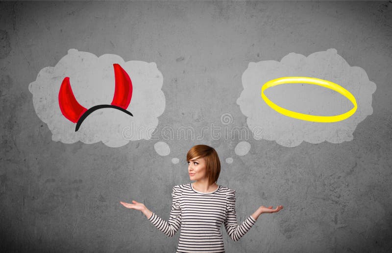 Woman Choosing between Good and Bad Stock Photo - Image of gesture ...