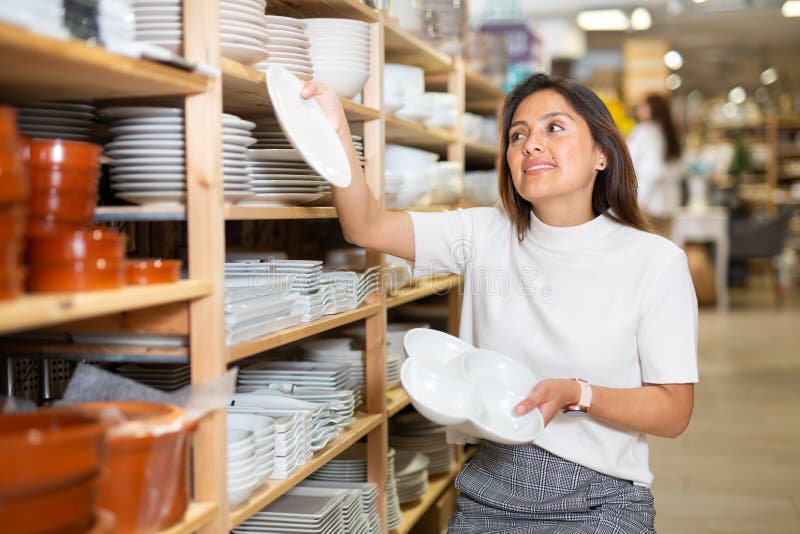 Woman Choosing New Crockery in Dinnerware Store Stock Image - Image of ...