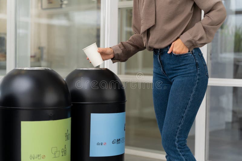 Woman Choosing a Proper Container for Throwing Paper Cup Stock Image ...