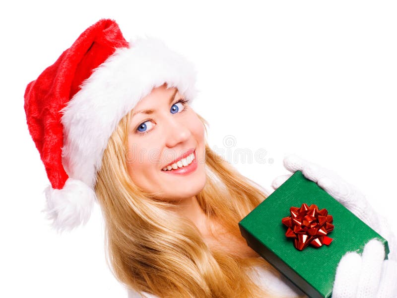 Woman in Christmas Clothes Holding Present Stock Image - Image of ...