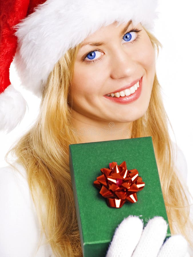 Woman in Christmas Clothes Holding Present Stock Image - Image of claus ...