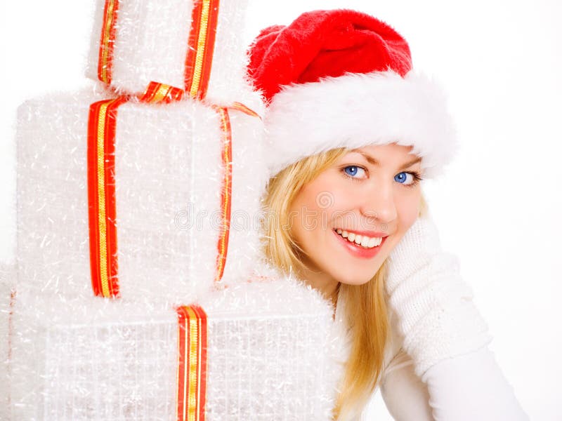 Woman in Christmas Clothes Holding Present Stock Image - Image of ...