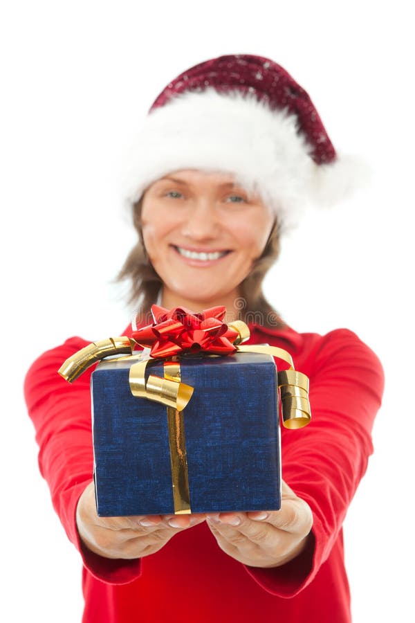 Woman with Christmas Hat Holding a Present Stock Image - Image of ...