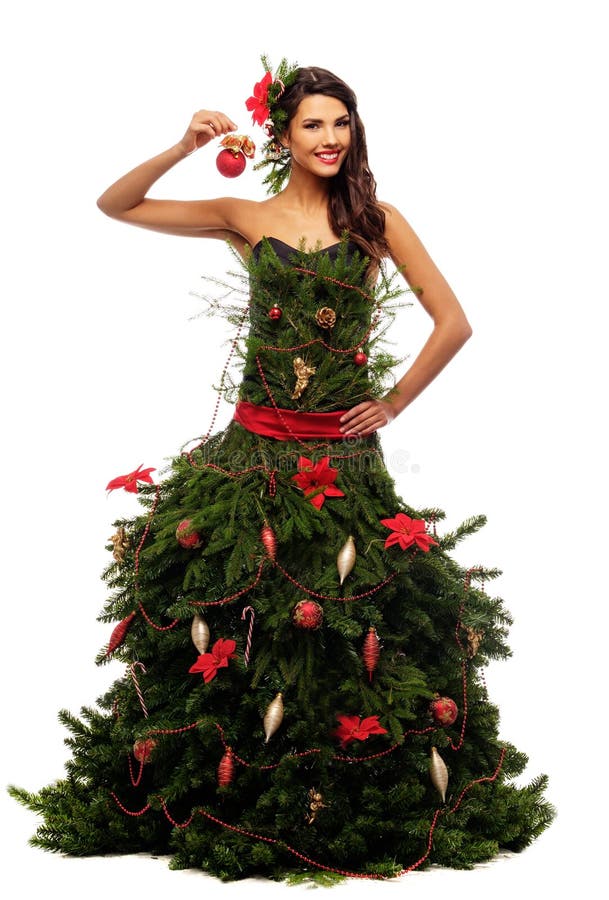 Woman in Christmas Tree Dress Stock Photo - Image of happy, merry: 61290258