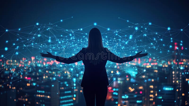 Woman Cityscape Network Connection Night Future Stock Illustration ...