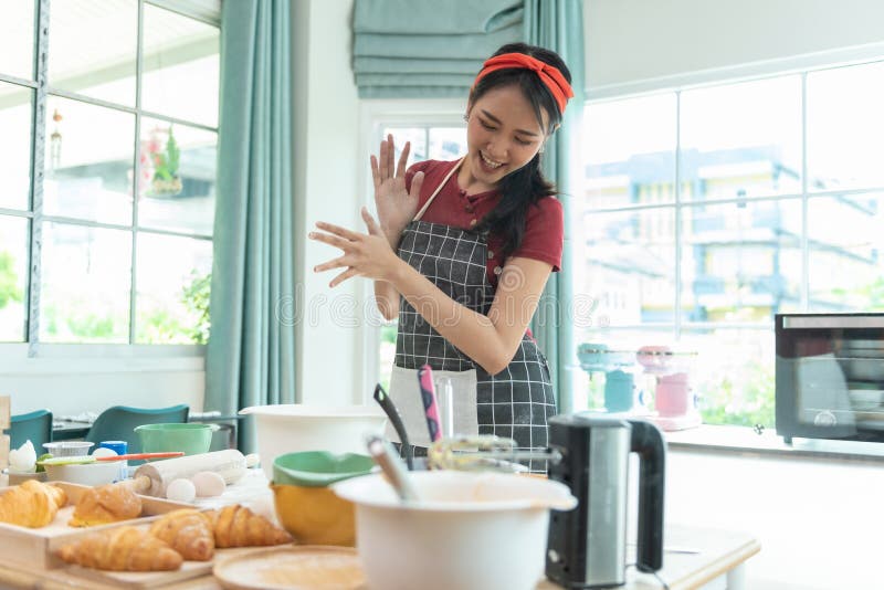 Woman Clap Hands of Baker with Flour in Restaurant Kitchen Stock Photo ...