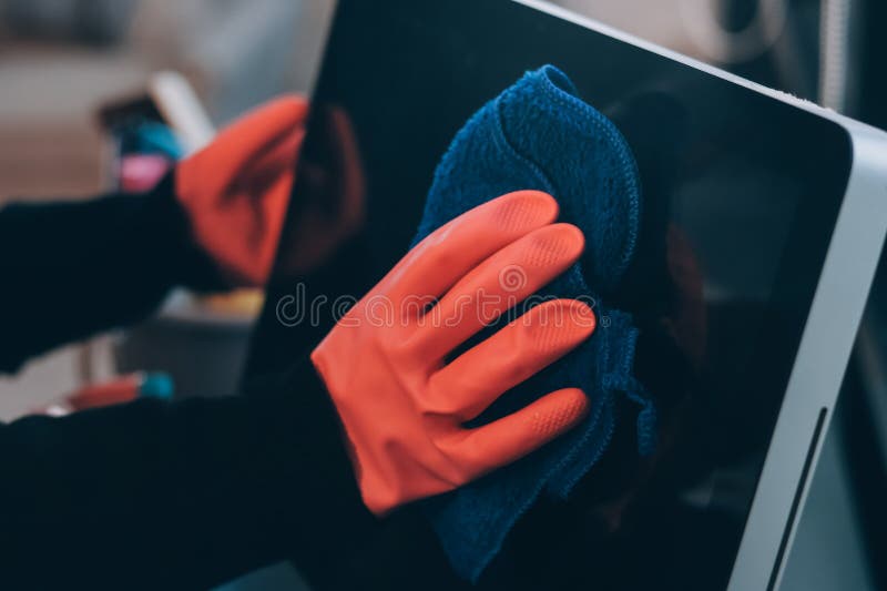 Woman Cleaning Computer Desk in Office Stock Image - Image of ...