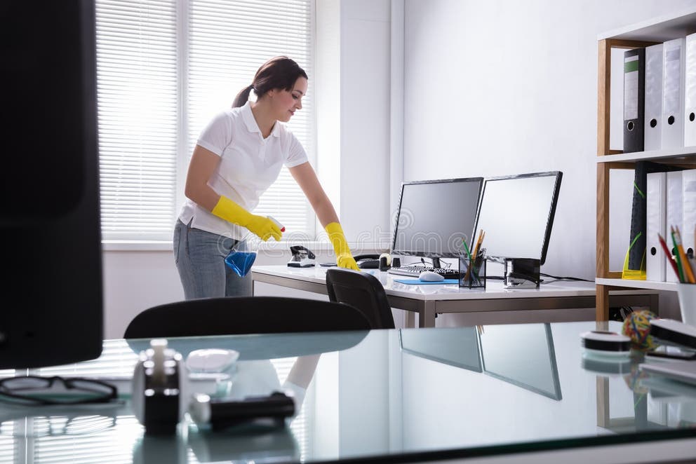 Woman Cleaning Computer in Office Stock Image - Image of janitor ...