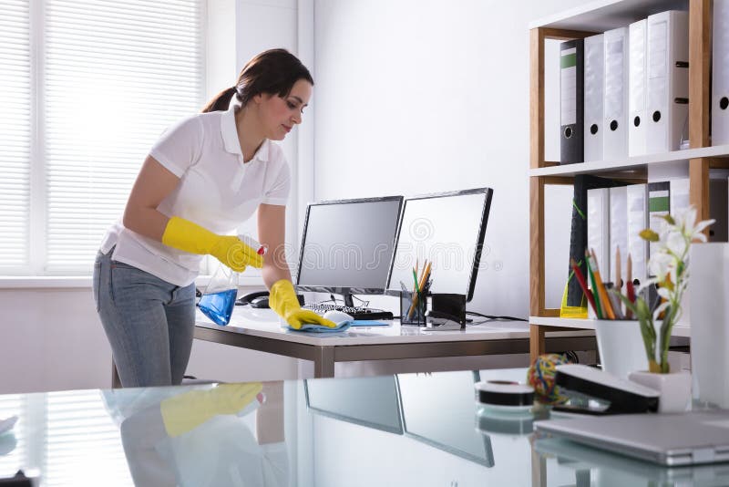 Woman Cleaning Computer in Office Stock Image - Image of professional ...