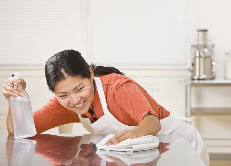 Woman Cleaning Counter stock image. Image of apartment - 10198053
