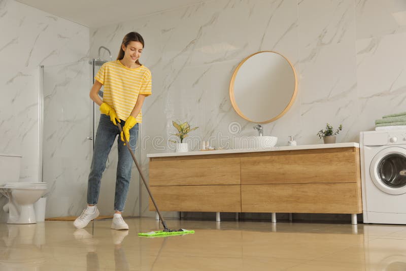 Woman Cleaning Floor with Mop at Home Stock Photo - Image of chores ...
