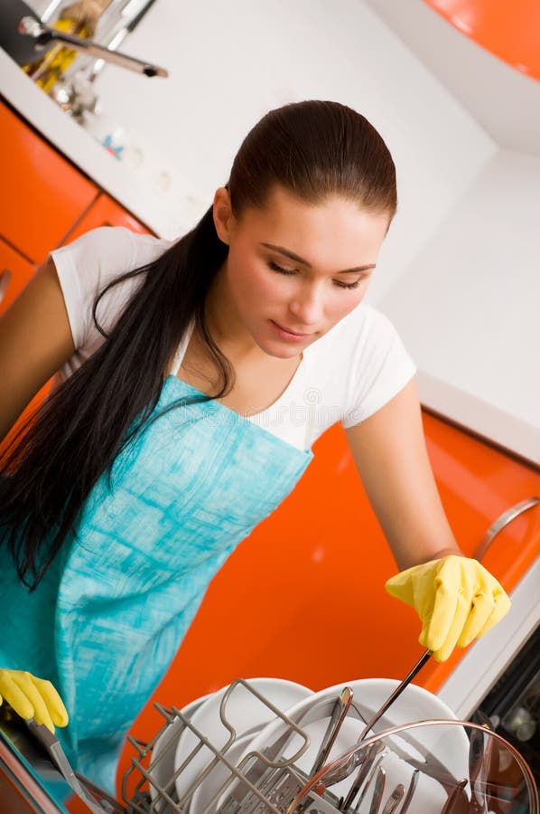 Woman Cleaning Kitchen Using Dish Washing Machine Stock Photo - Image ...