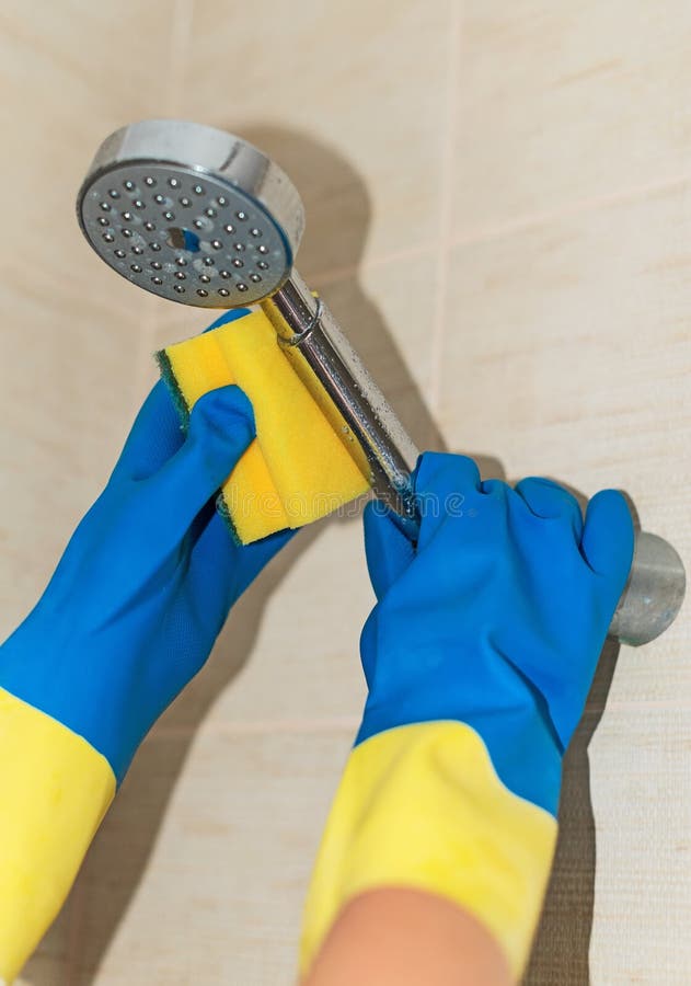Woman cleaning shower. stock photo. Image of housekeeper - 100275430