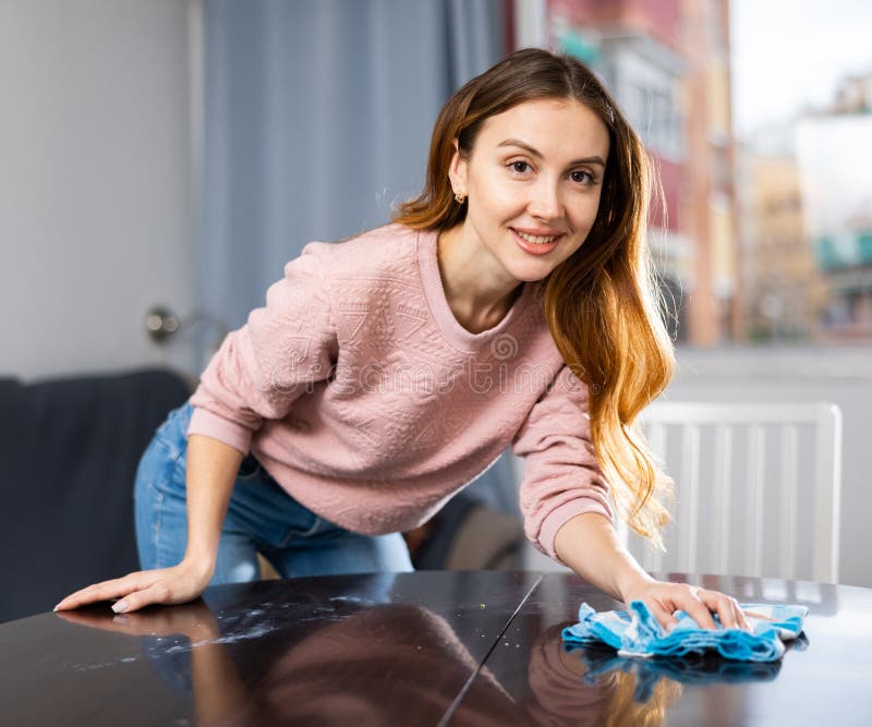 Woman is Cleaning Surface on the Table at Home Stock Photo - Image of ...