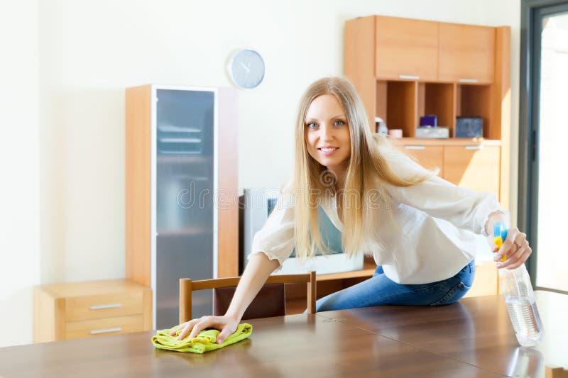 Woman Cleaning Table with Rag and Cleanser Stock Image - Image of ...