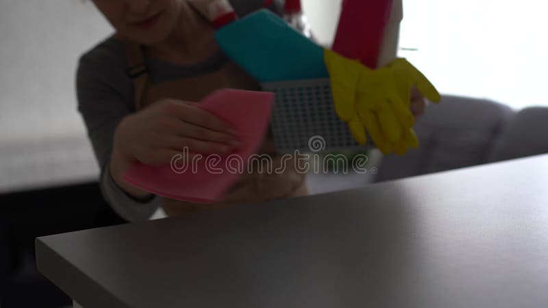 Woman Cleaning Table Using Rag and Diffuser at Home. Stock Footage ...