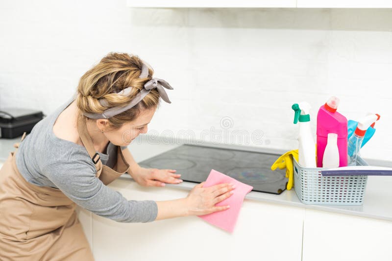 Woman Cleaning Table Using Rag and Diffuser at Home. Stock Image ...