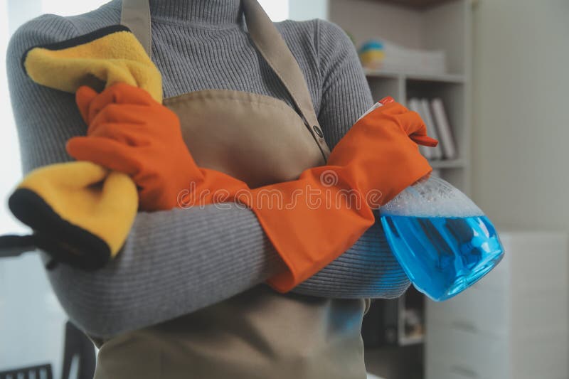 Woman Cleaning Table Using Rag and Diffuser at Home Stock Photo - Image ...