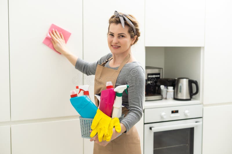 Woman Cleaning Table Using Rag and Diffuser at Home. Stock Image ...