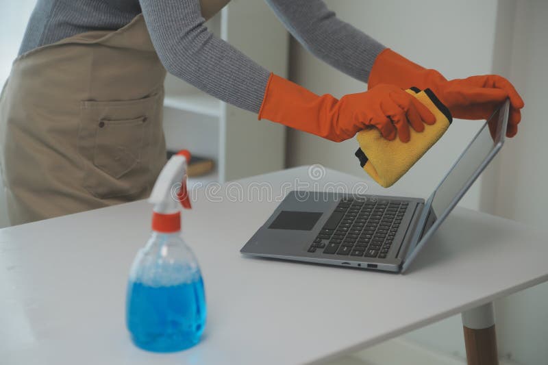 Woman Cleaning Table Using Rag and Diffuser at Home Stock Photo - Image ...