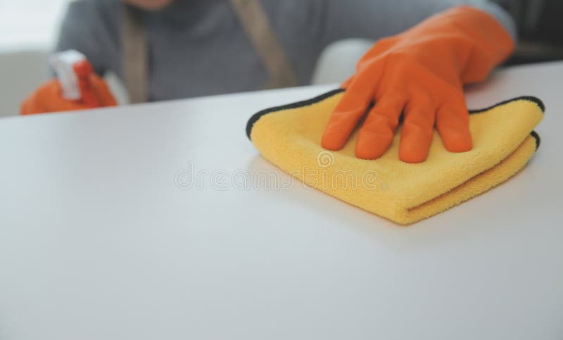 Woman Cleaning Table Using Rag and Diffuser at Home Stock Image - Image ...