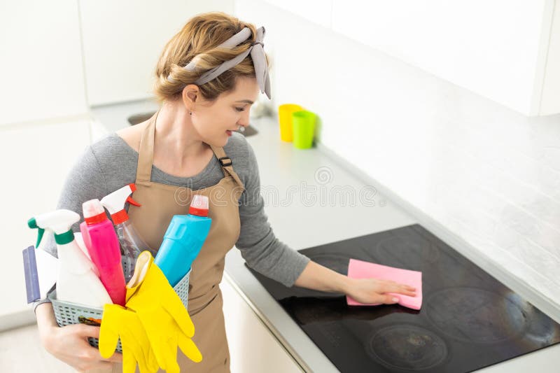 Woman Cleaning Table Using Rag and Diffuser at Home. Stock Image ...