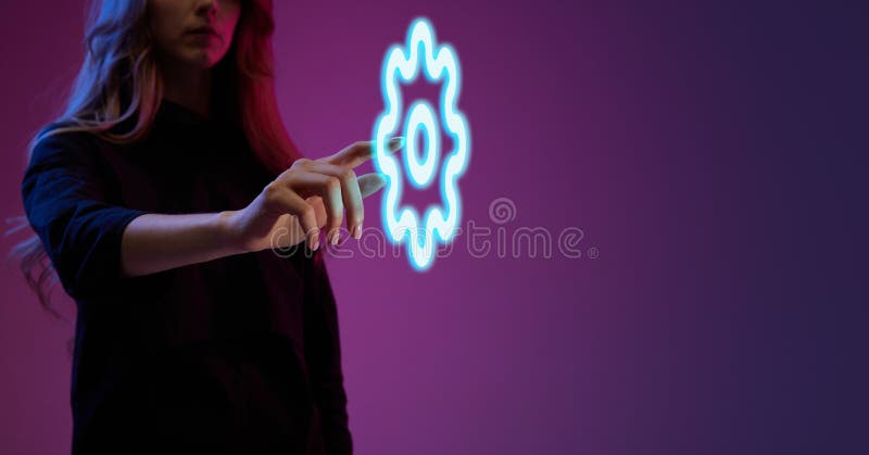 Woman Clicking on Digital Virtual Image of Settings Icon. Working with ... Woman Clicking on Digital Virtual Image of Settings Icon. Working with ...