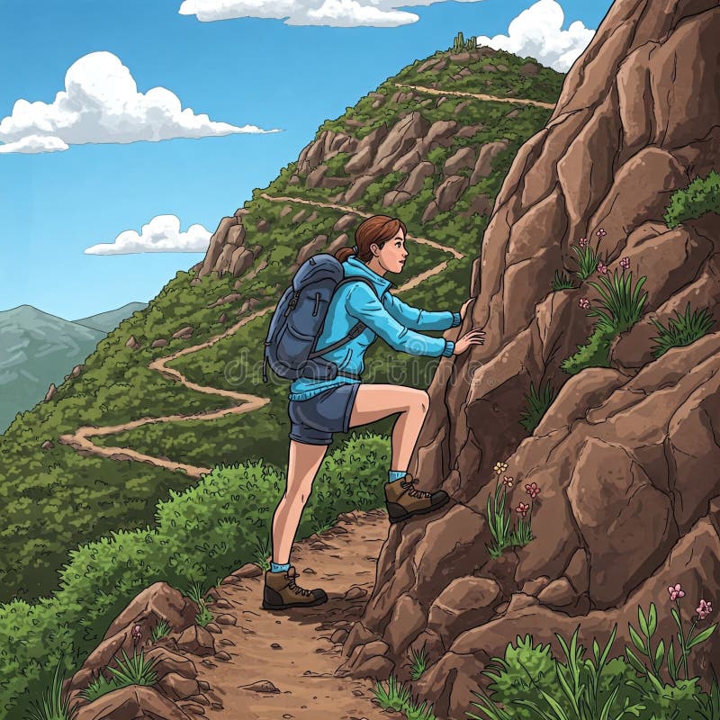 A Woman is Climbing a Mountain Stock Illustration - Illustration of ...