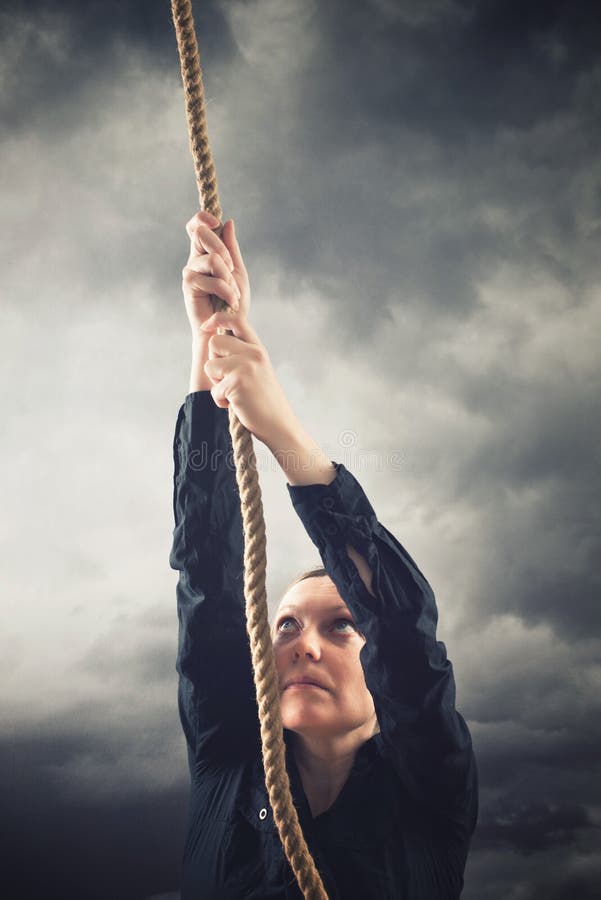 Woman Climbing Up with Rope Stock Image - Image of courage, female ...