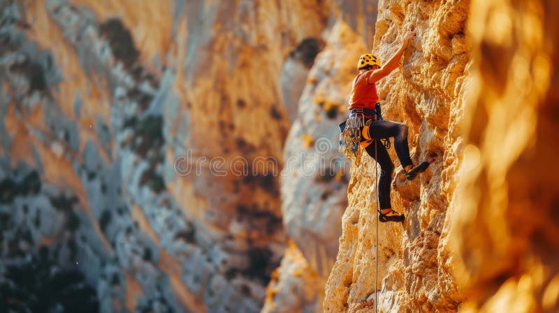 Woman Climbing Up the Side of a Cliff Stock Photo - Image of gear ...